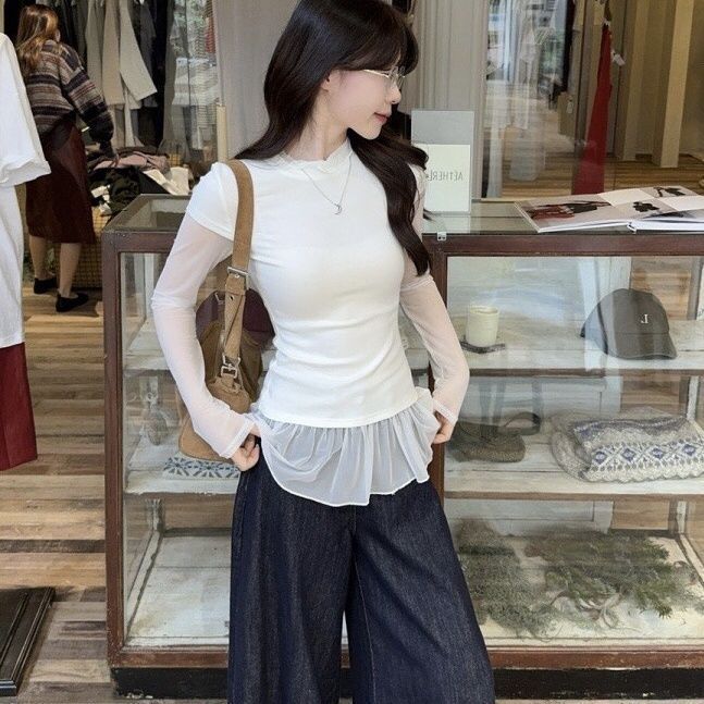 2026新款假两件网纱拼接设计感长袖t恤女夏季修身显瘦棉质上衣潮