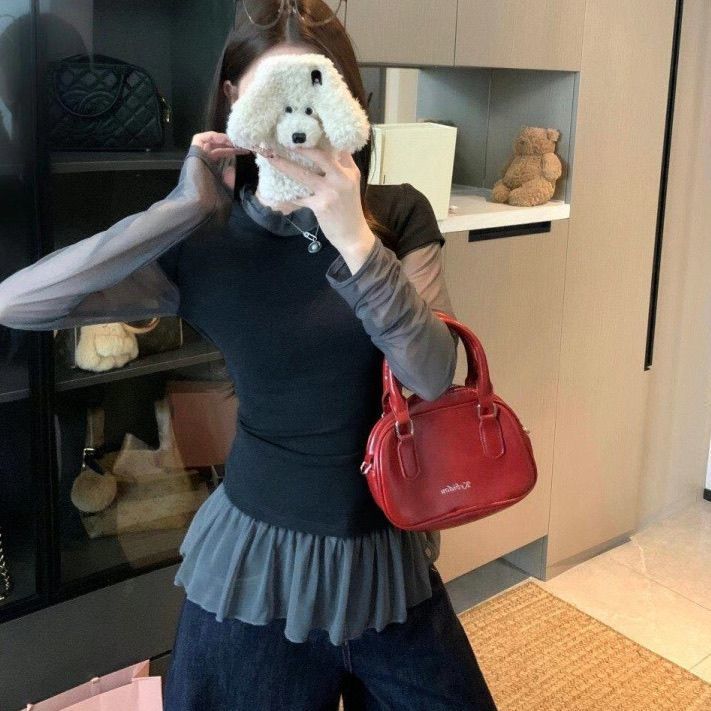 美式复古网纱拼接假两件长袖t恤女春秋季新款2026棉质显瘦上衣潮