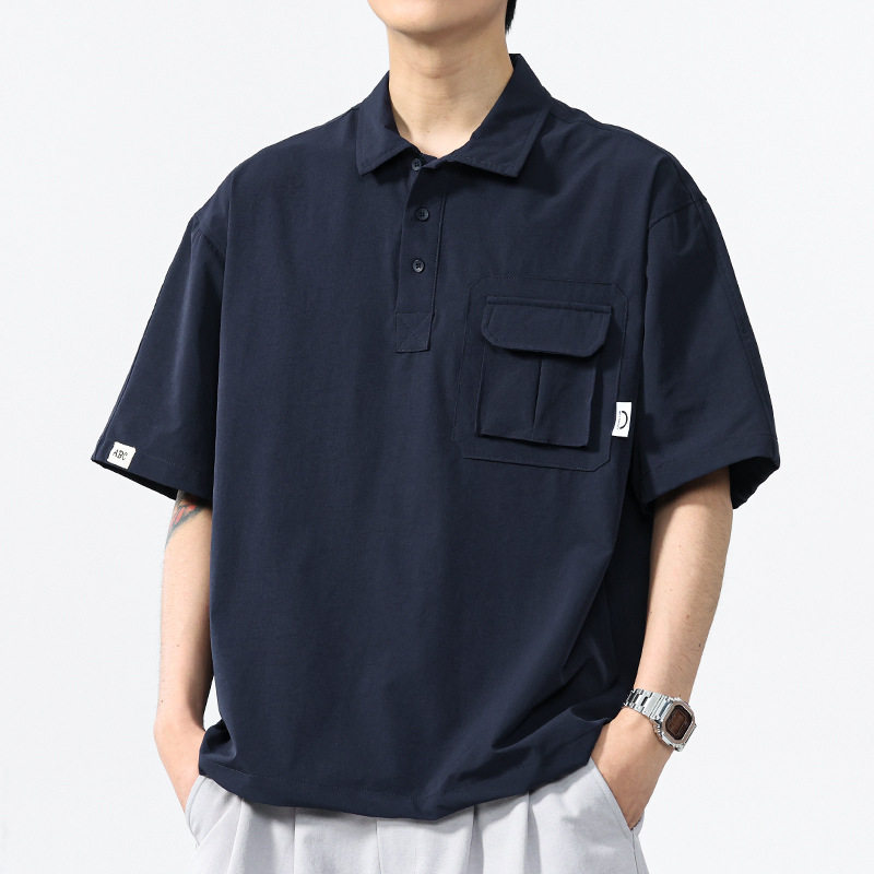夏季新款日系复古工装套头短袖POLO衫男士户外宽松休闲上衣透气潮