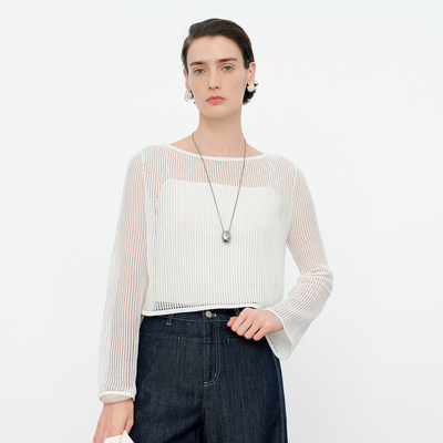 婉甸2026夏季新品白色/黑色镂空毛织套头衫1252W05RS1