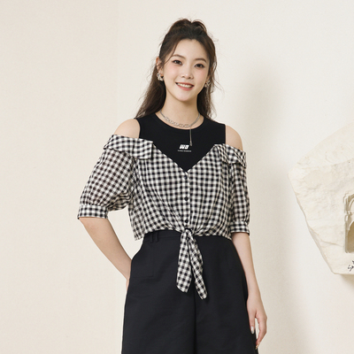 婉甸2025夏季新品黑白格纹假两件上衣套头衬衫1242S02RS2