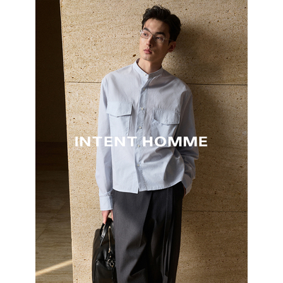 INTENT 100%优质棉亨利领条纹口袋长袖衬衫短宽休闲简约高级感