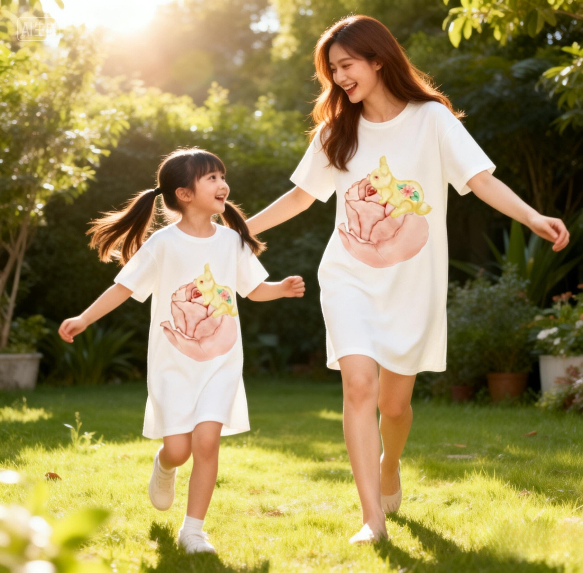 原创板绘画约稿兔花亲子装T恤裙帆布牛仔背包鞋伞睡衣女印花图案