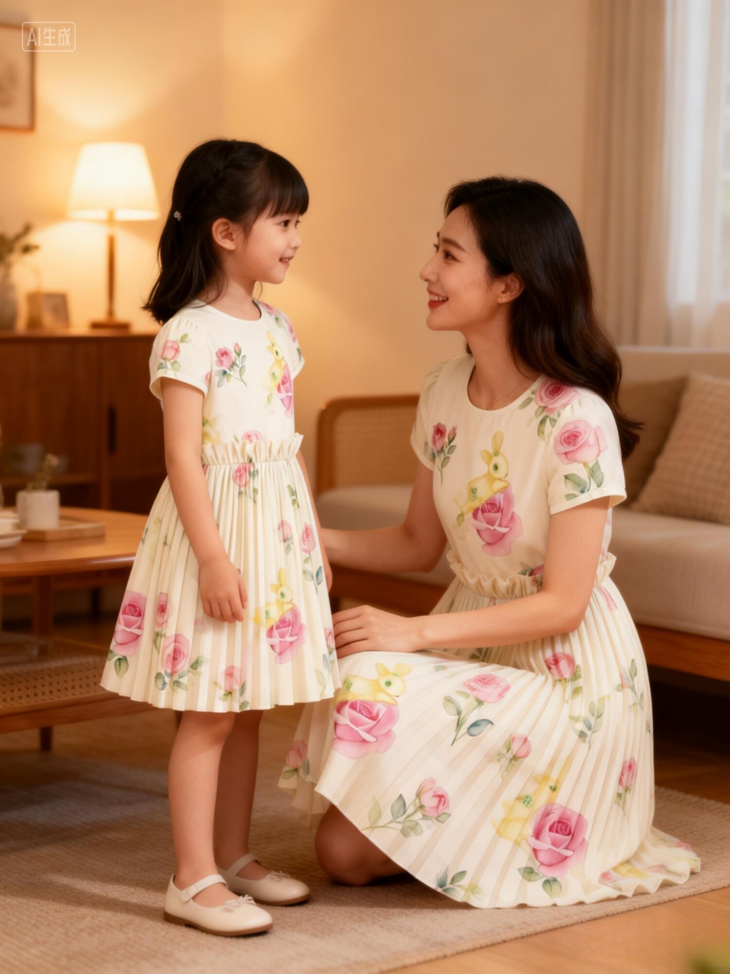 原创板绘画印花萌兔花亲子T恤裙女童睡衣休闲家居服文创礼品帽包