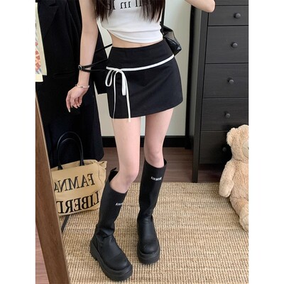 韩版辣妹撞色系带蝴蝶结半身裙女夏季小众复古气质显瘦百搭包臀裙