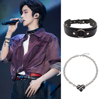 黄星Eliot花咏同款黑色皮革爱心项链套装Desire4 星有千千邱鼎杰