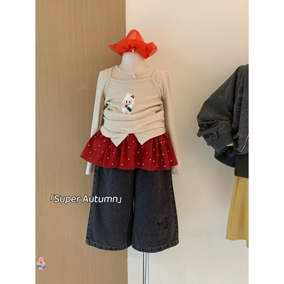 女童秋季可爱印花吊带上衣两件套