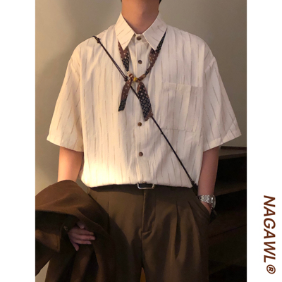 NAGAWL2026夏季美式复古慵懒风条纹衬衫男百搭宽松款潮牌短袖上衣