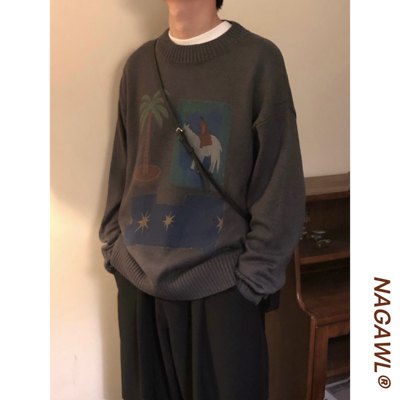 NAGAWL美式复古印花圆领针织衫男秋季新款休闲风宽松百搭长袖毛衣