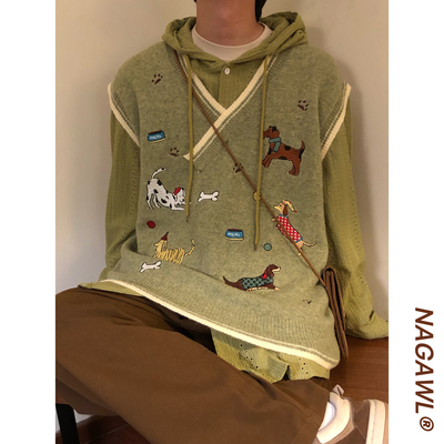 NAGAWL秋冬美式撞色小狗刺绣针织衫V领马甲叠穿无袖毛衣背心男女