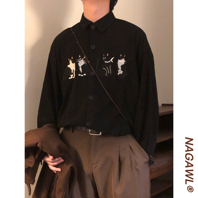NAGAWL秋季美式复古趣味小猫刺绣灯芯绒宽松休闲长袖衬衫上衣男女