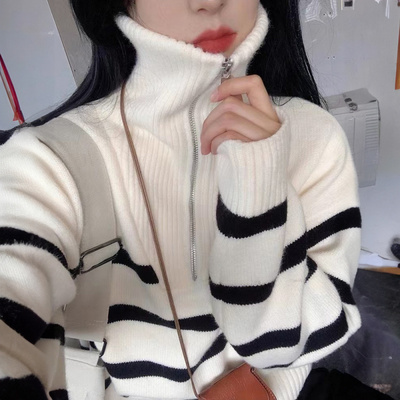撞色条纹毛衣女2025秋冬季新款宽