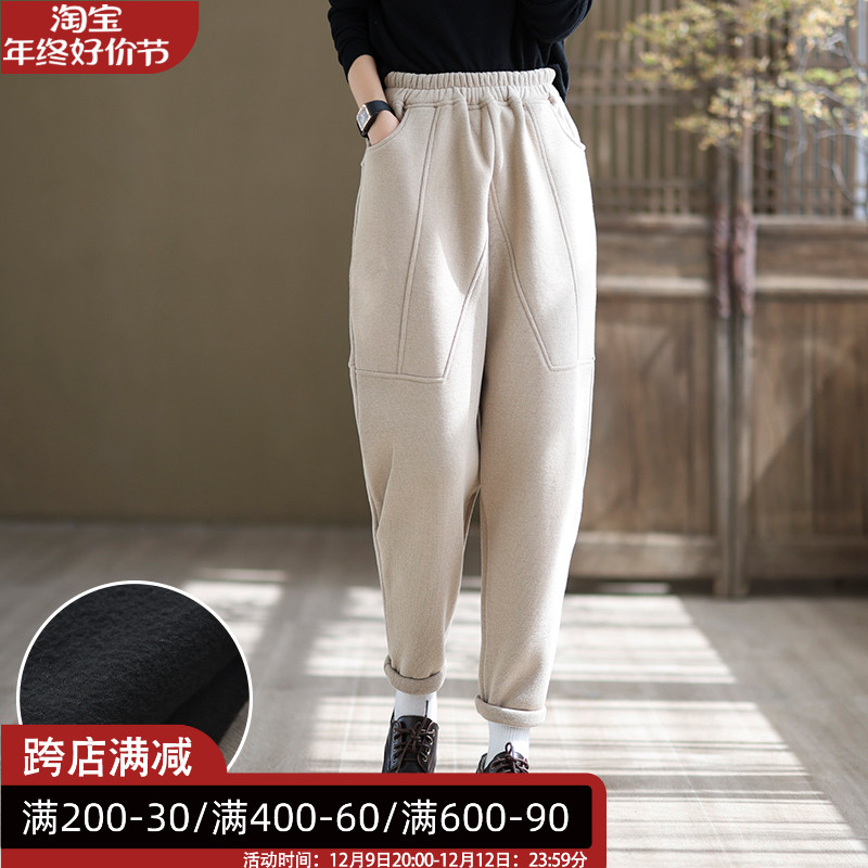 休闲裤女秋冬新款宽松大码复古加绒加厚全棉直筒显瘦运动裤哈伦裤_虎窝淘