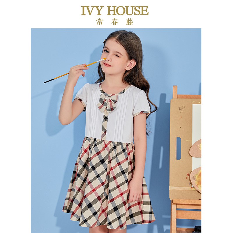 IVY HOUSE常春藤童装女童夏季新款 拼接格子连衣裙短袖英伦学院风