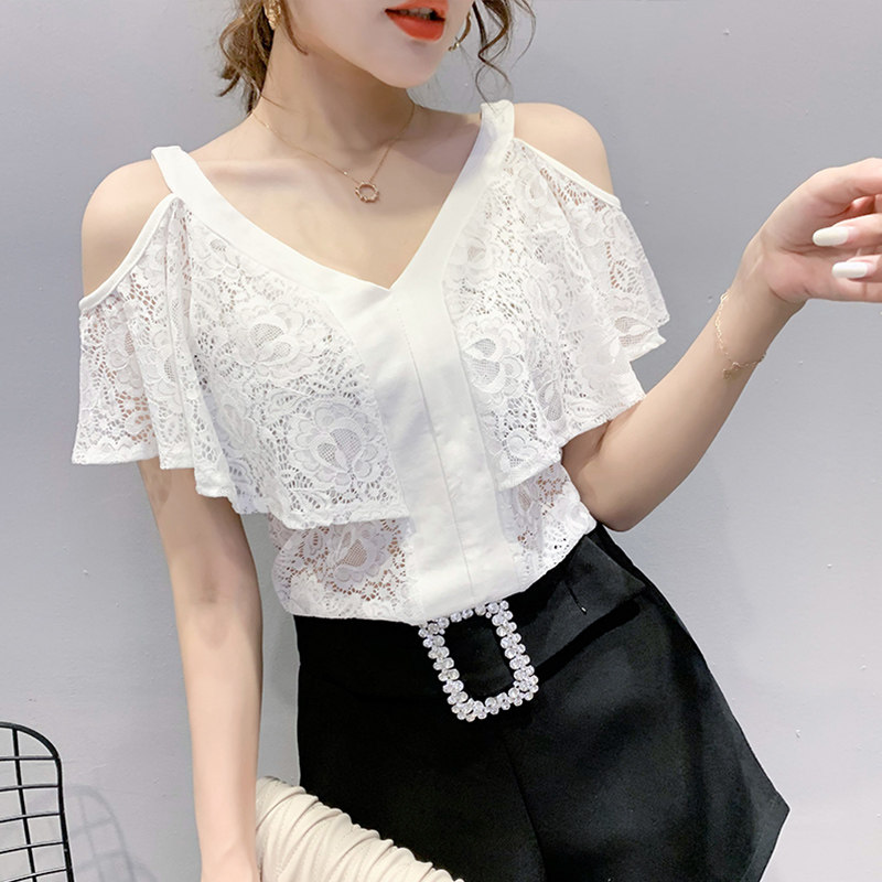 2024夏新款荷叶边钩花蕾丝衫女显瘦百搭心机镂空露肩V领雪纺上衣