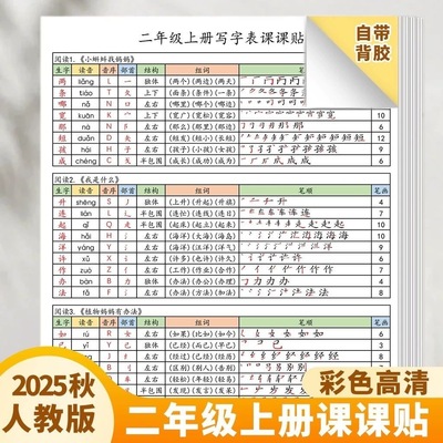 2025新版二年级上册语文课课贴人教版同步课本生字笔画笔顺不干胶