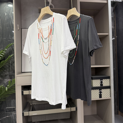 Q货！刺绣钉珠圆领短袖棉T恤女