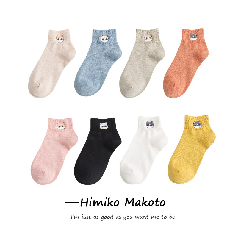 短袜女春季纯棉女袜小猫刺绣短袜精梳棉韩国女袜袜子女日系ins风