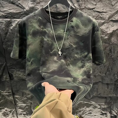 夏季新款轻奢烧花破洞短袖T恤男