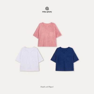 Q姐“文艺色彩”竹节棉砂洗V领上衣短袖T恤 53T1390