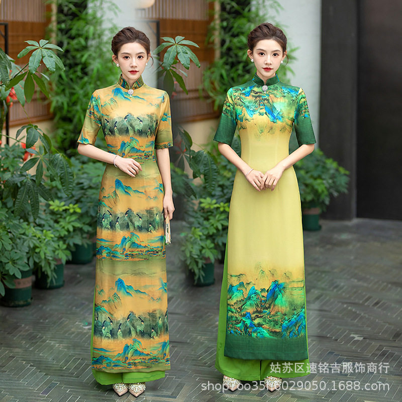 走秀旗袍套装中国风千里江山图立领舞台裙阔腿裤礼仪演出服大码夏