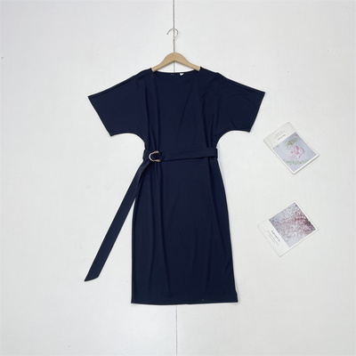 H1北欧单外单26夏新款女圆领插肩袖中长款纯色通勤法式时尚连衣裙