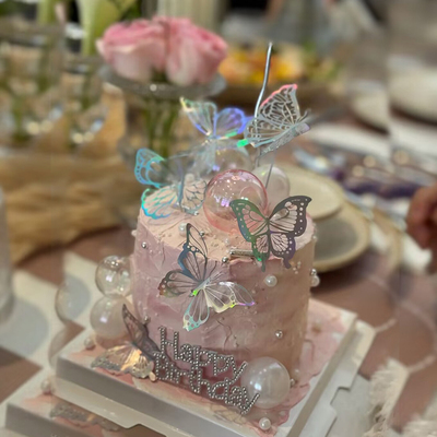 梦幻仙女蝴蝶蛋糕装饰插件幻彩黑紫色蝴蝶女神节珍珠蝴蝶结丝带