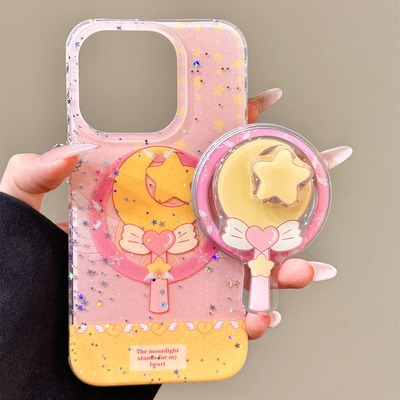 少女粉黄拼接星星月亮魔法棒磁吸支架适用苹果16promax手机壳iphone15新款14pro女款13pm全包保护壳