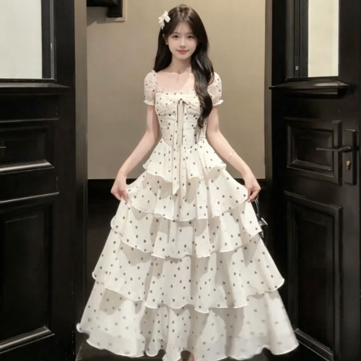 桔梗house法式气质千金风白色波点连衣裙女初夏新款巨好看长裙子
