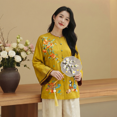 新中式桑蚕丝纯手绣女唐装上衣