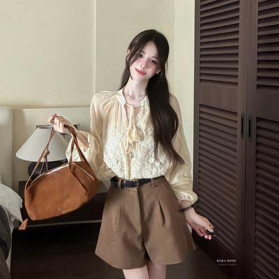 DARA ROSE-秋上新奶油杏色重工刺绣钉珠浪漫风长袖气质小衫QK9835