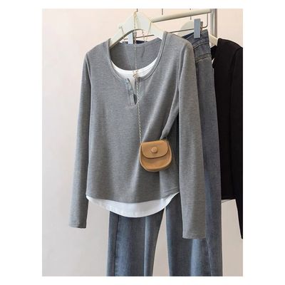 95棉假两件长袖打底衫女春秋季2025新款大码胖mm内搭正肩T恤上衣