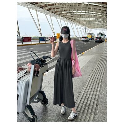 莫代尔夏季新款背心裙打底连衣裙女大码收腰内搭外穿无袖过膝长裙