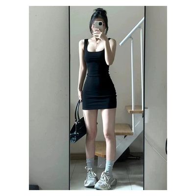 纯棉短裙修身吊带背心连衣裙女黑色短款辣妹包臀裙子紧身性感纯欲
