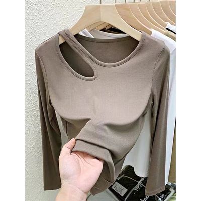 欧货镂空锁骨长袖t恤女大码2025新款春秋修身洋气内搭打底衫上衣