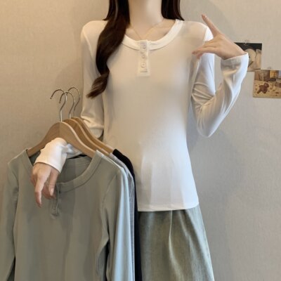 2026春秋冬季新款纽扣圆领长袖打底衫女胖mm大码内搭打底T恤上衣