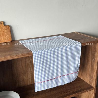 自制ins格纹餐垫韩式经典百搭棉质蓝色格子刺绣餐布长方形餐桌巾