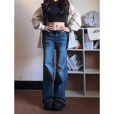 依琳家2026春季新款水洗做旧高腰宽松阔腿直筒牛仔裤子女梨型身材