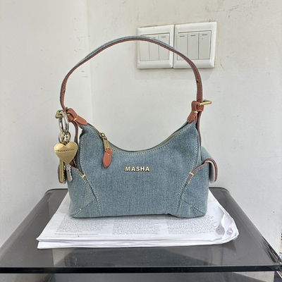 玛莎新款丹宁牛仔时尚百搭手提包轻便撞色大容量单肩腋下包斜挎包
