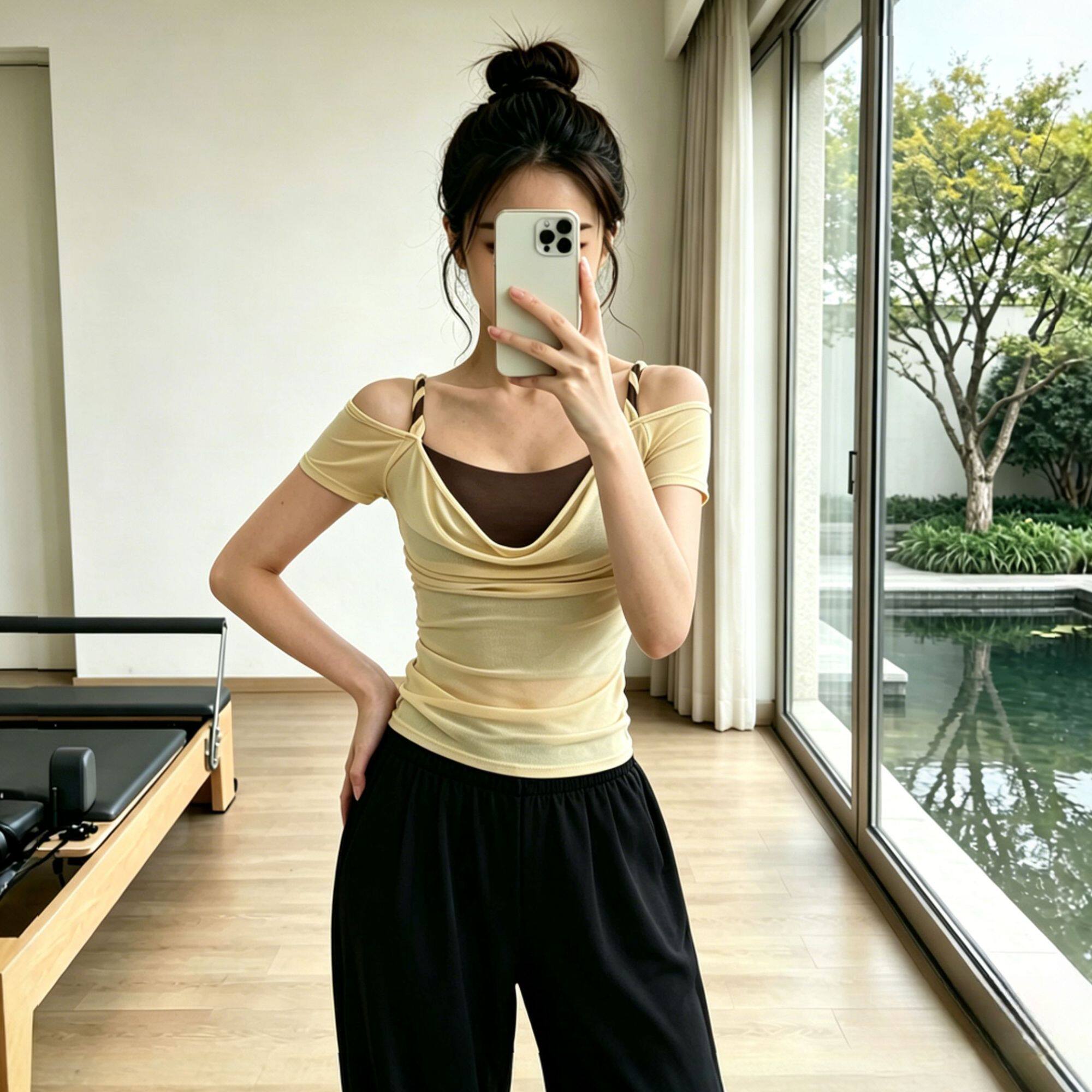 假两件麻花吊带露肩荡领短袖瑜伽T恤修身显瘦运动网纱上衣健身服