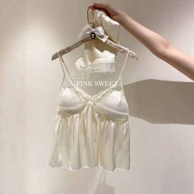 法式家居服sharing~显白的香槟杏色甜美吊带短裤冰丝网纱睡衣套装