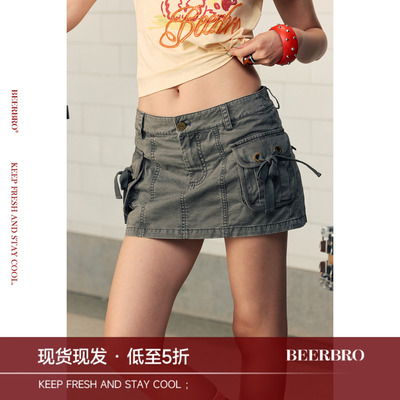 BeerBro 『摇滚学院』全棉成衣洗水辣妹工装口袋短裙半身裙女