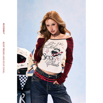 BeerBro『竞速脉冲』亲肤不扎肉辣妹撞色条纹印花斜肩短款长袖T恤