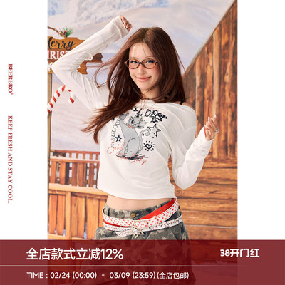 BeerBro『反叛假日』亲肤莱赛尔天丝小猫图案可斜肩一字肩针织衫