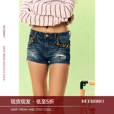 BeerBro『无界假日』复古辣妹豹纹破洞设计感显瘦牛仔短裤女夏季