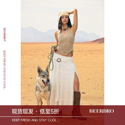 BeerBro『非洲大迁徙』亚麻度假风开叉辣妹蛋糕半身长裙女夏季