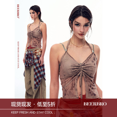 BeerBro『brat girl』 辣妹豹纹网纱挂脖修身背心吊带背心上衣