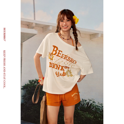 BeerBro『出逃西海岸』92%莱赛尔天丝闪粉印花烫钻宽松真两件T恤