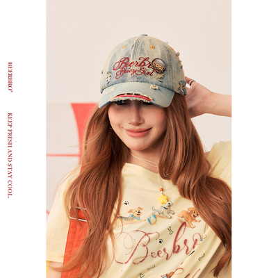 BeerBro『狂欢音乐节』牛仔刺绣做旧洗水破洞棒球帽配徽章