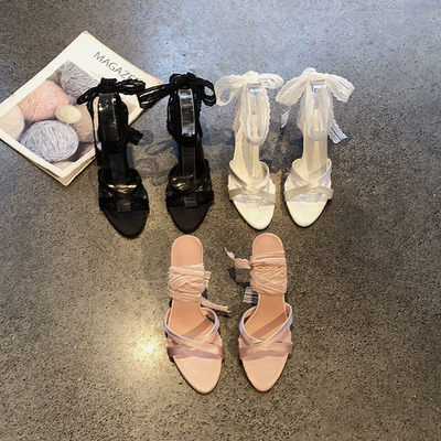 脚腕绑带露趾高跟鞋女交叉带凉鞋